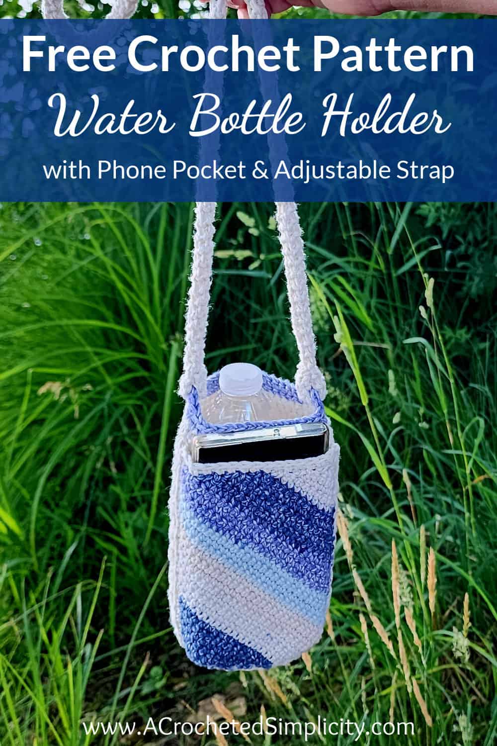 Crochet Water Bottle Holder with Phone Pocket & Adjustable Strap - A ...