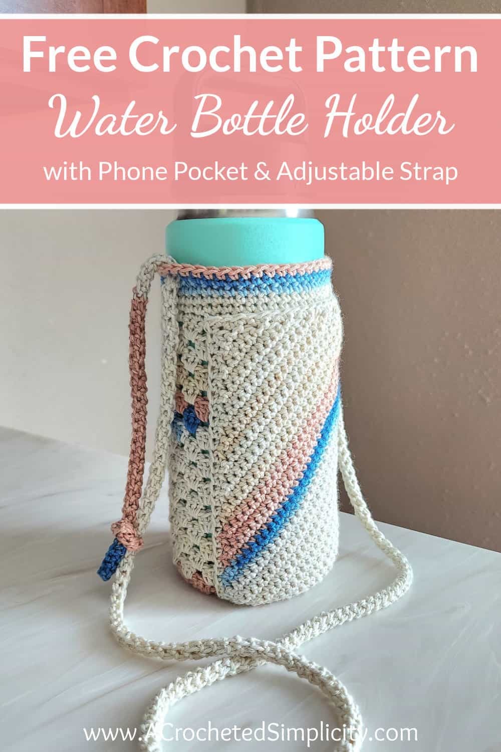Crochet Water Bottle Holder with Phone Pocket & Adjustable Strap - A ...