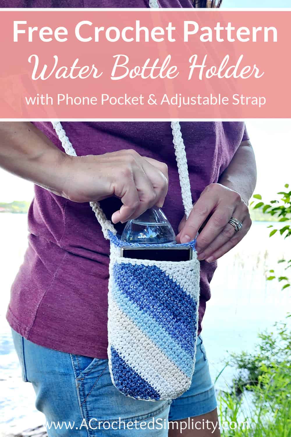 Crochet Water Bottle Holder with Phone Pocket & Adjustable Strap - A ...