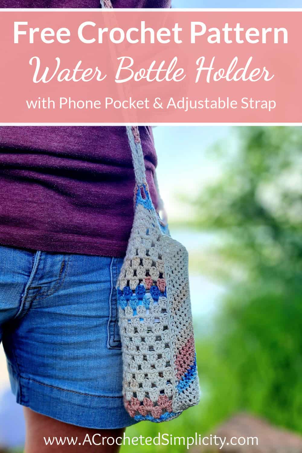 Crochet Water Bottle Holder with Phone Pocket & Adjustable Strap - A ...