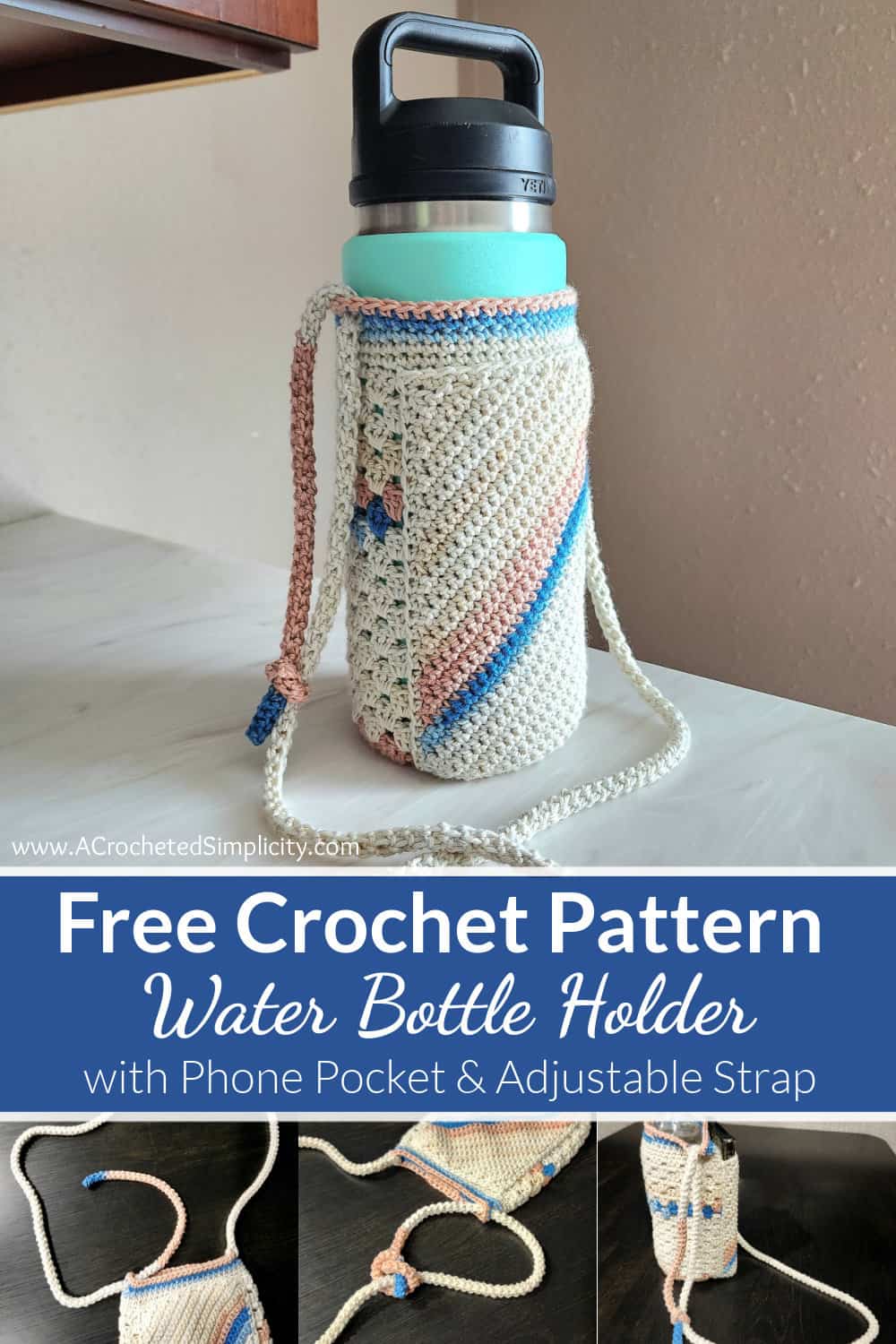 Crochet Water Bottle Holder with Phone Pocket & Adjustable Strap - A ...