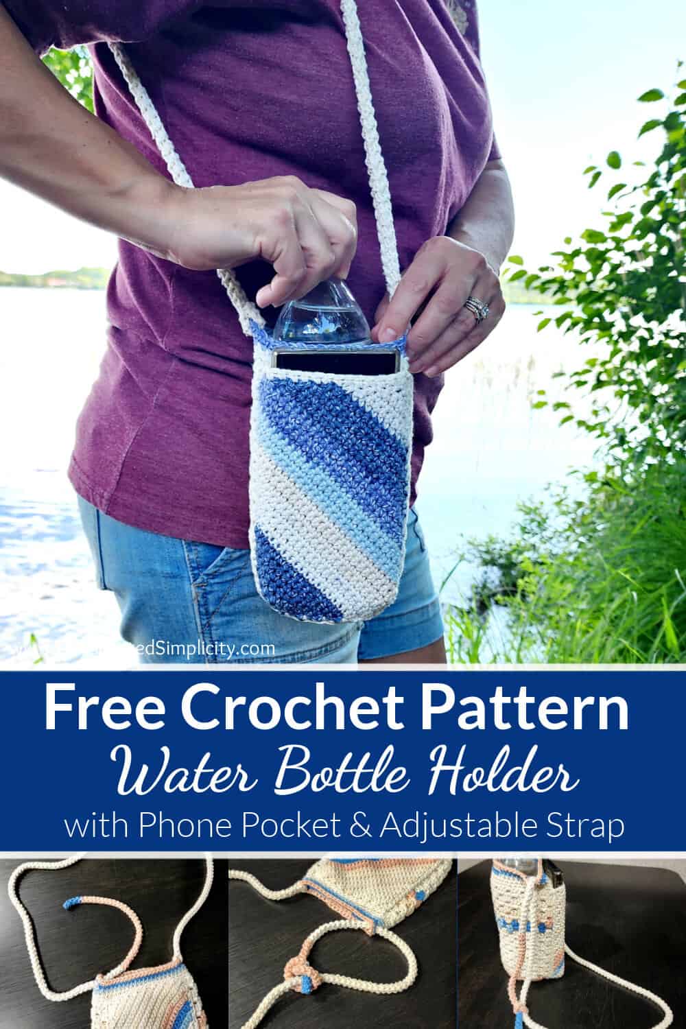 Crochet Water Bottle Holder with Phone Pocket & Adjustable Strap - A ...
