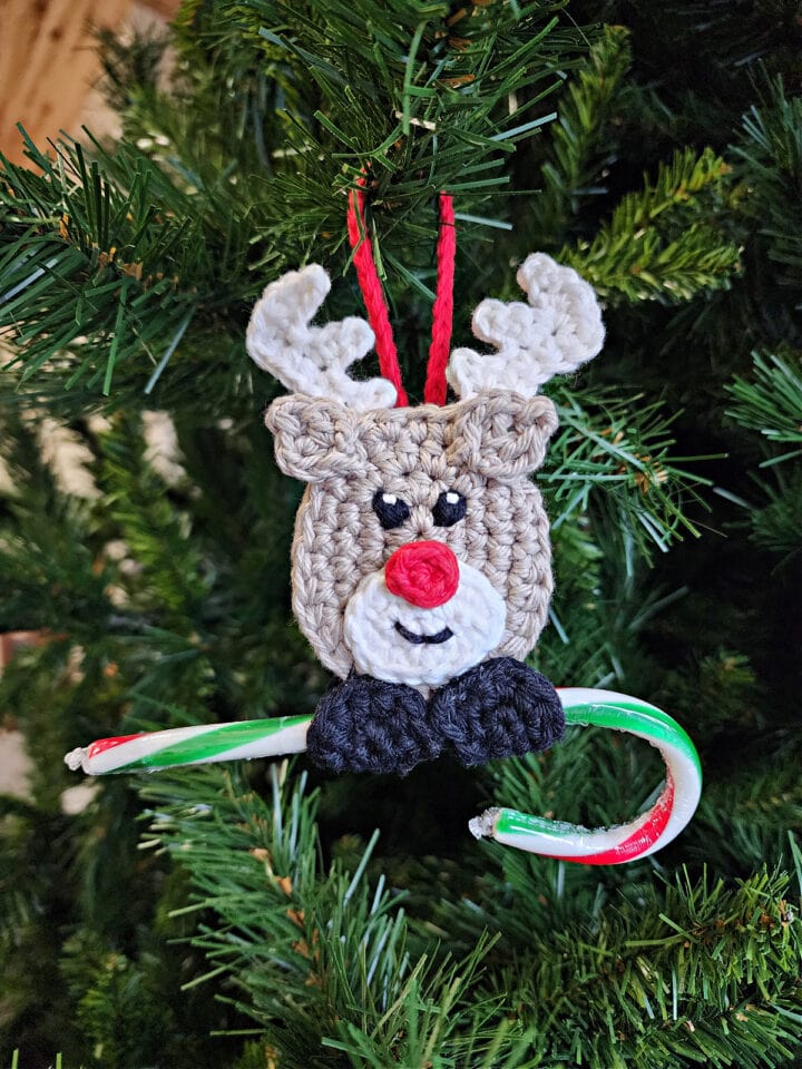Crochet Reindeer Candy Cane Holder Ornament - A Crocheted Simplicity