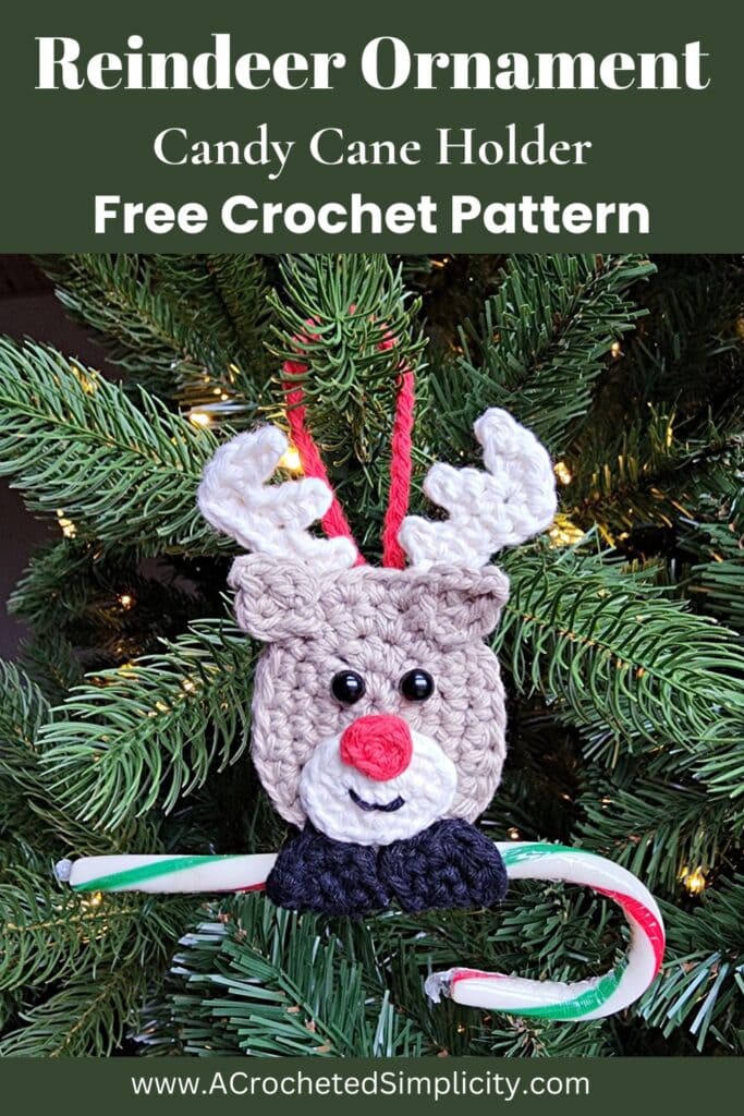 Crochet Reindeer Candy Cane Holder Ornament - A Crocheted Simplicity