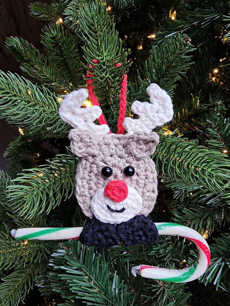 Crochet Reindeer Candy Cane Holder Ornament - A Crocheted Simplicity